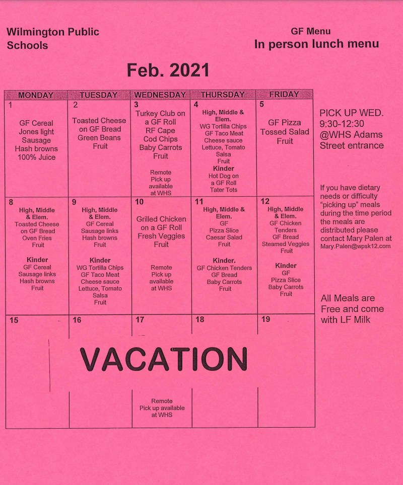 Wilmington’s February 2021 School Breakfast & Lunch Calendars ...