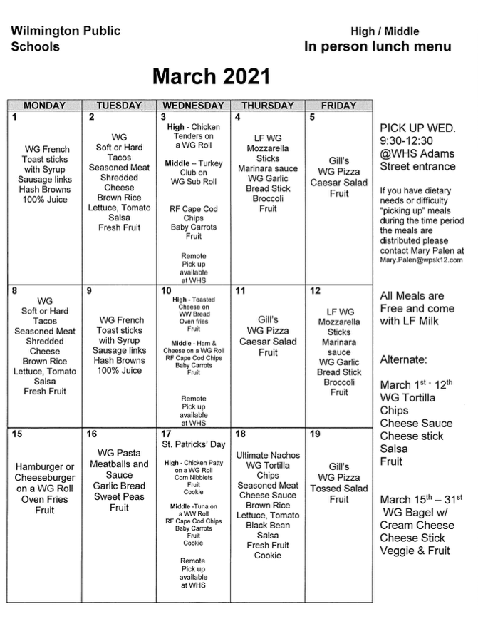 Wilmington’s March 2021 School Breakfast & Lunch Calendars – Wilmington ...
