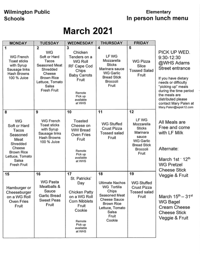 Wilmington’s March 2021 School Breakfast & Lunch Calendars – Wilmington ...