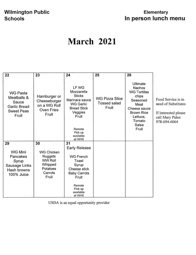 Wilmington’s March 2021 School Breakfast & Lunch Calendars – Wilmington ...