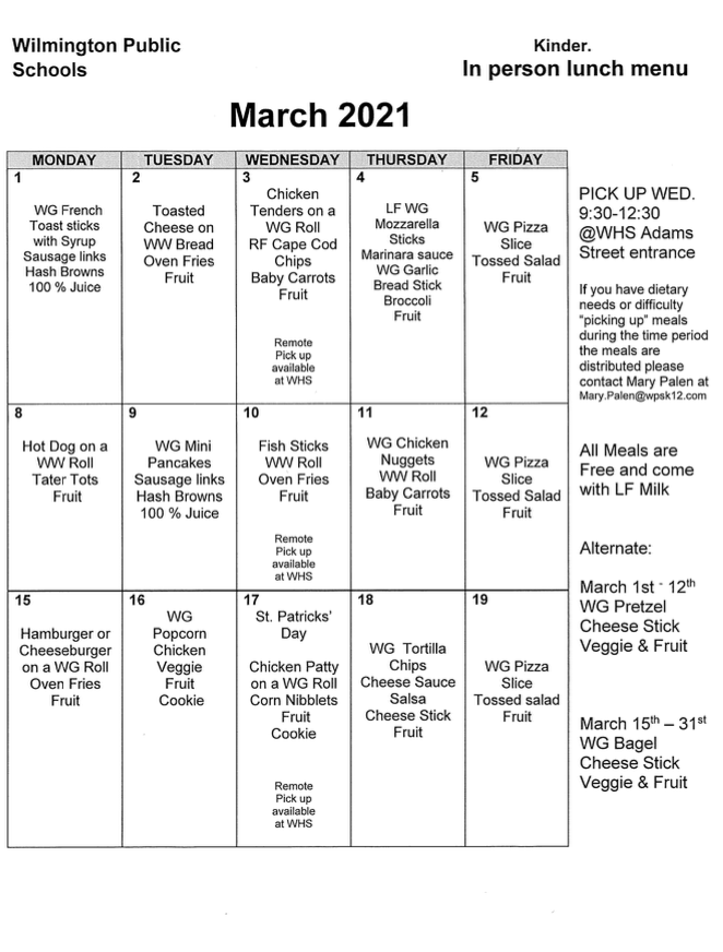 Wilmington’s March 2021 School Breakfast & Lunch Calendars – Wilmington ...