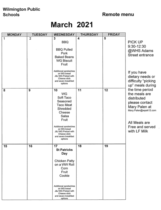 Wilmington’s March 2021 School Breakfast & Lunch Calendars – Wilmington ...