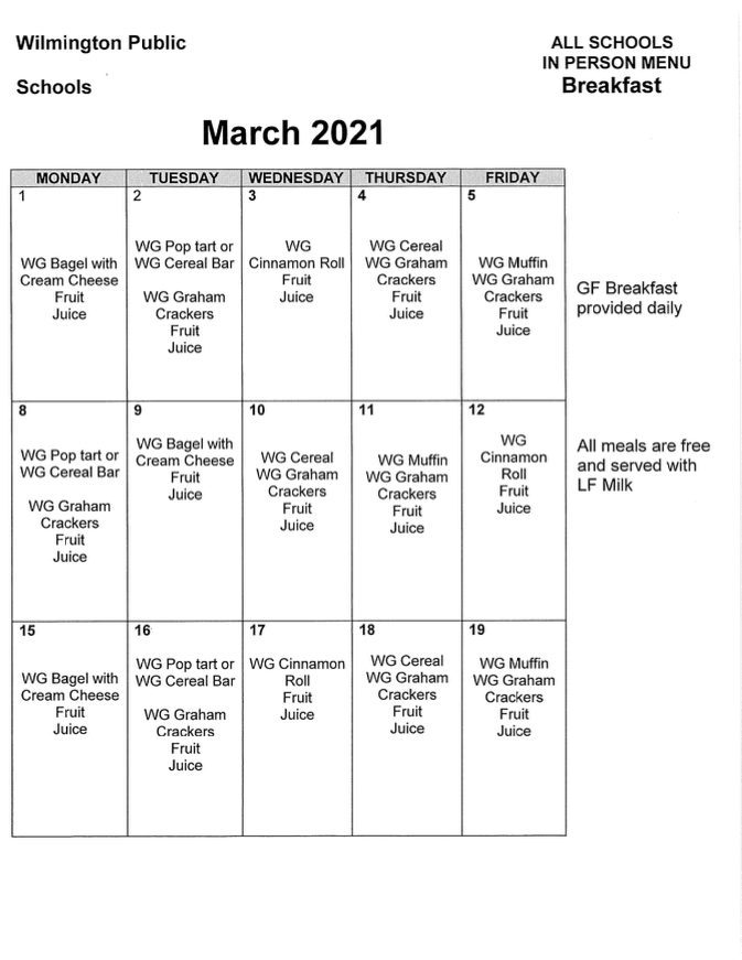 Wilmington’s March 2021 School Breakfast & Lunch Calendars – Wilmington ...
