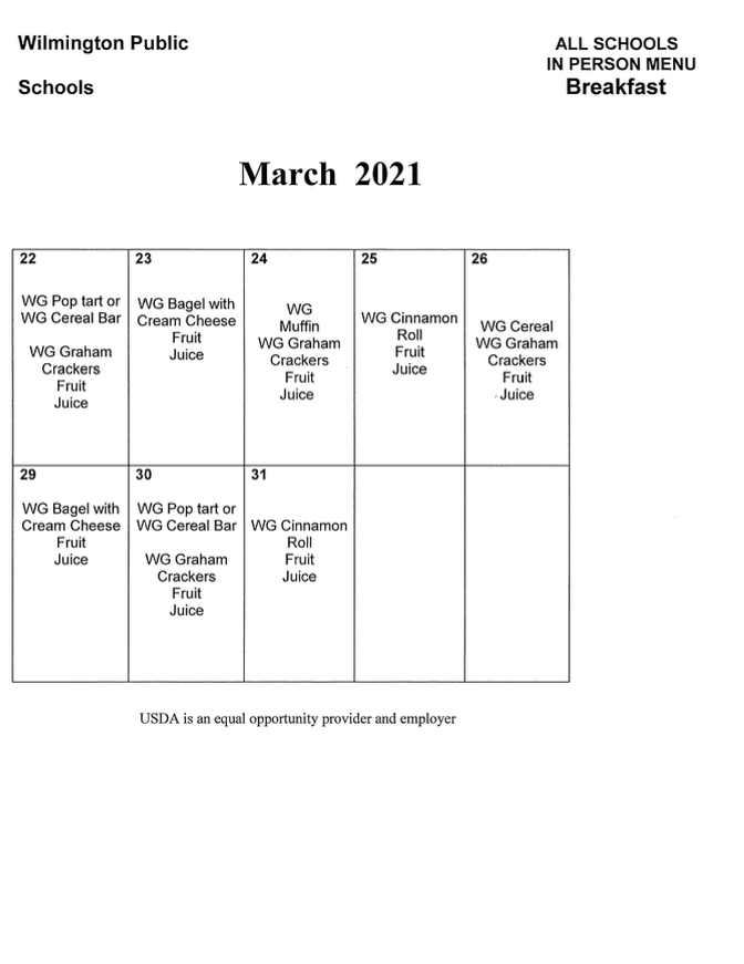 Wilmington’s March 2021 School Breakfast & Lunch Calendars – Wilmington ...