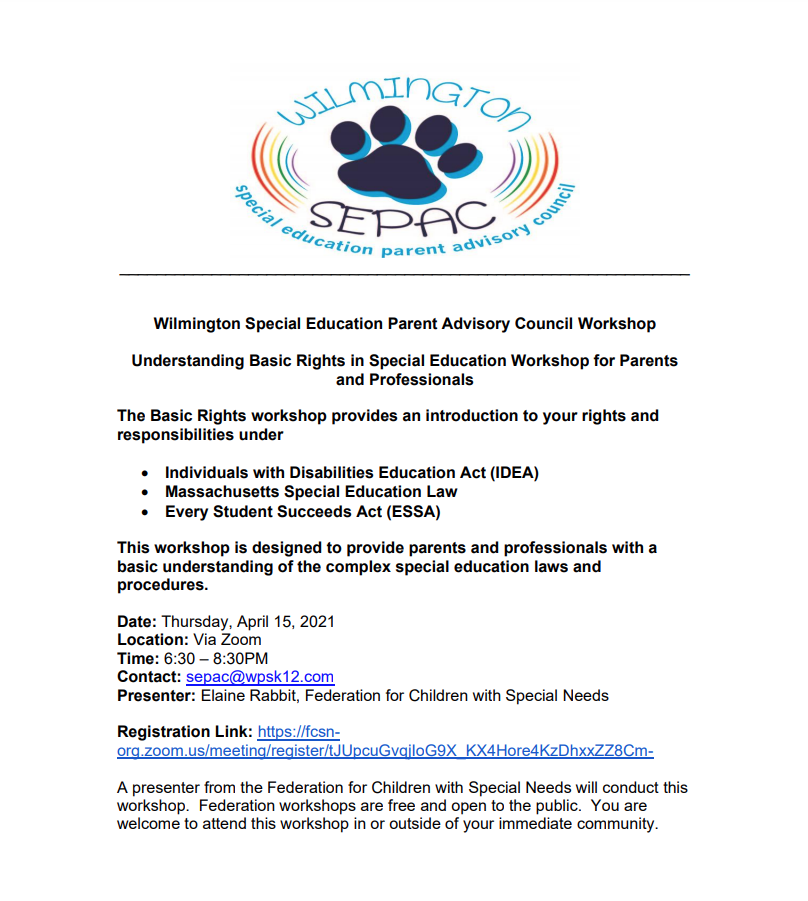 Wilmington SEPAC To Hold Basic Rights In Special Education Workshop On ...
