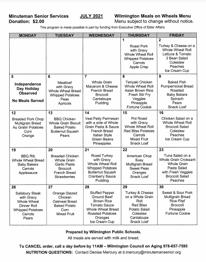 Wilmington’s July 2021 Meals On Wheels Lunch Calendar – Wilmington Apple