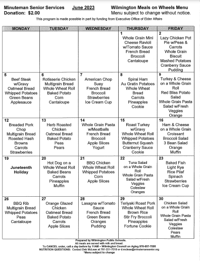 Wilmington’s June 2023 Meals On Wheels Lunch Calendar – Wilmington Apple