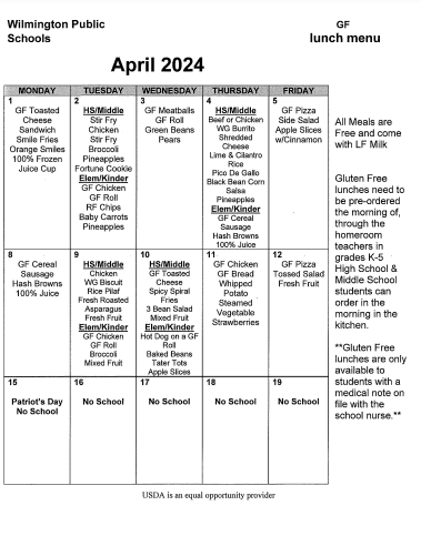 Wilmington’s April 2024 School Breakfast & Lunch Calendar – Wilmington ...