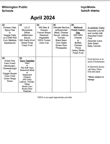 Wilmington’s April 2024 School Breakfast & Lunch Calendar – Wilmington ...
