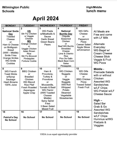 Wilmington’s April 2024 School Breakfast & Lunch Calendar – Wilmington ...